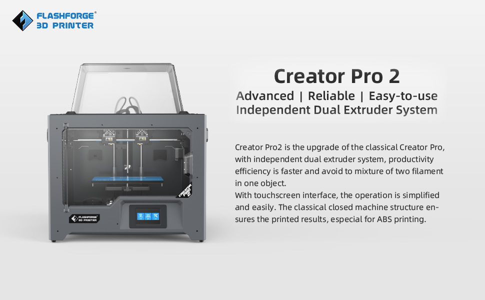 FlashForge Creator Pro2 3D Printer, Independent Dual Extruder W/2 Spools, Metal Frame Structure ...